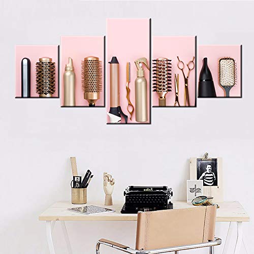 Beauty Salon Pictures for living Room Professional Haircut Tools Paintings 5 Panel Prints Canvas Wall Art Home Modern Decor Hair Accessories Artwork Giclee Framed Stretched Ready to Hang(50''Wx 24''H)
