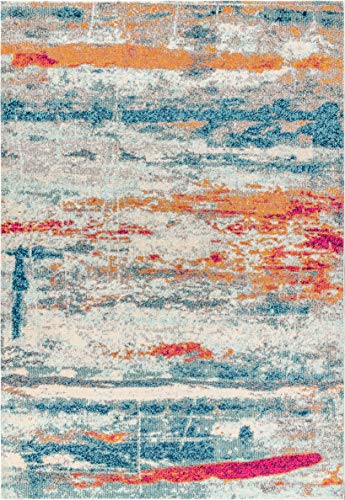 JONATHAN Y Contemporary POP Modern Abstract Brushstroke Cream/Blue 8 ft. x 10 ft. Area-Rug, Bohemian, Easy-Cleaning, for Bedroom, Kitchen, Living Room, Non Shedding (CTP102C-8)