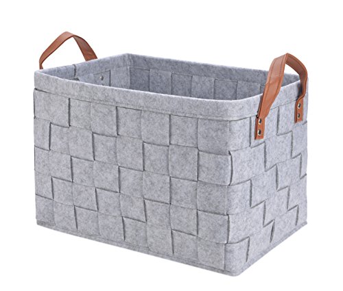 Collapsible Storage Basket Bins, Foldable Handmade Rectangular Felt Fabric Storage Box Cubes Containers with Handles- Large Organizer For Nursery Toys,Kids Room,Towels,Clothes, Grey ๏ผ16"x11.8"x11.5"๏ผ