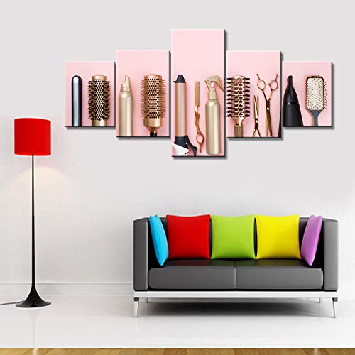 Beauty Salon Pictures for living Room Professional Haircut Tools Paintings 5 Panel Prints Canvas Wall Art Home Modern Decor Hair Accessories Artwork Giclee Framed Stretched Ready to Hang(50''Wx 24''H)