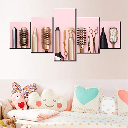 Beauty Salon Pictures for living Room Professional Haircut Tools Paintings 5 Panel Prints Canvas Wall Art Home Modern Decor Hair Accessories Artwork Giclee Framed Stretched Ready to Hang(50''Wx 24''H)