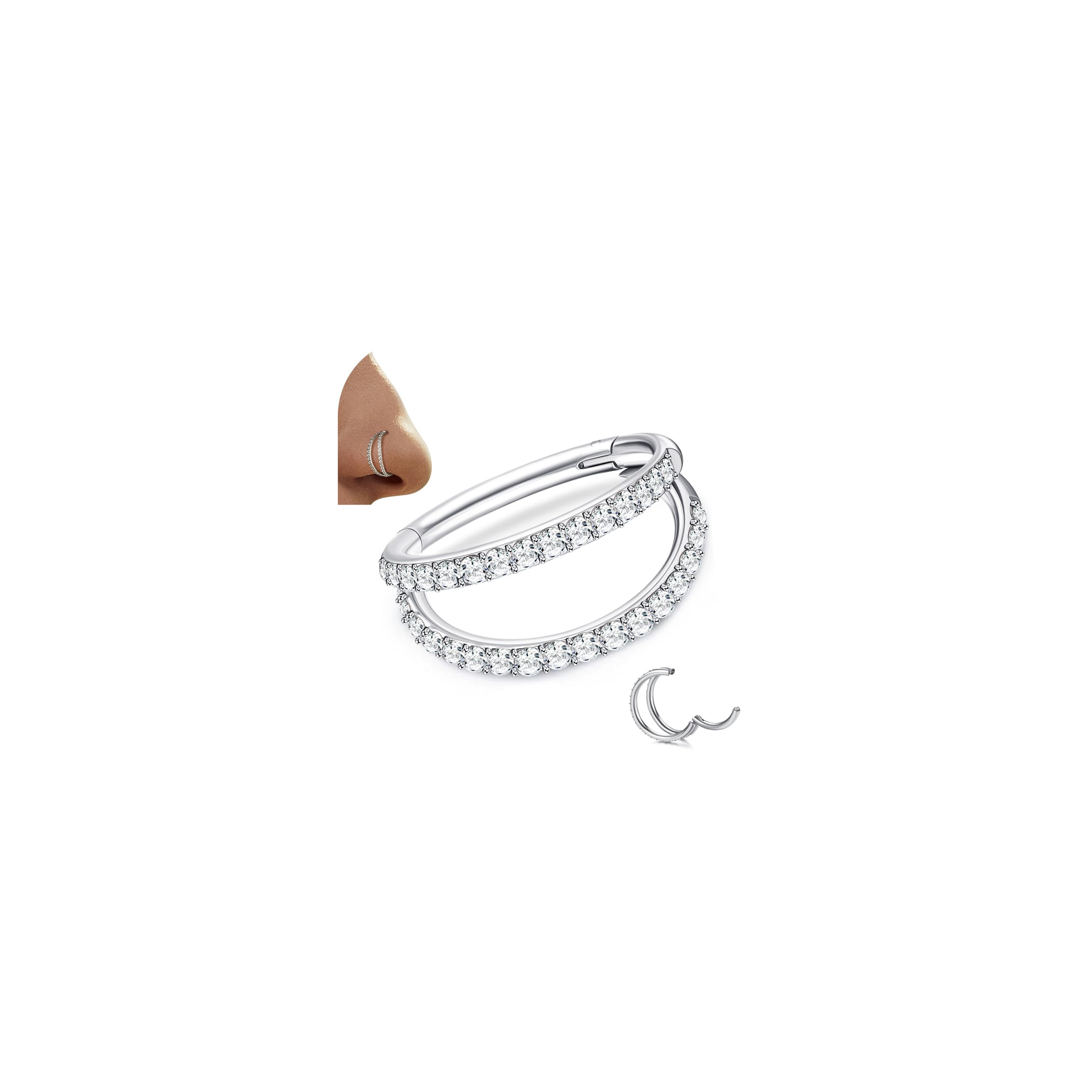 MILACOLATO G23 Titanium 18G Septum Clicker Nose Rings Double Open Stack Conch Daith Earrings Helix Tragus Cartilage Earrings Piercing Jewelry with Clear CZ for Women Men 12MM, Silver Tone