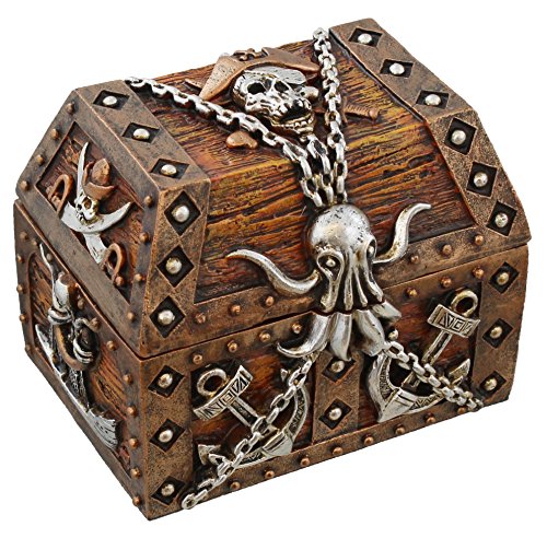 Old River Outdoors Pirate Chest Octopus/Skull & Crossbones Trinket Storage Mini Jewelry Box with Anchor, Chain, Sword and Ship Accents