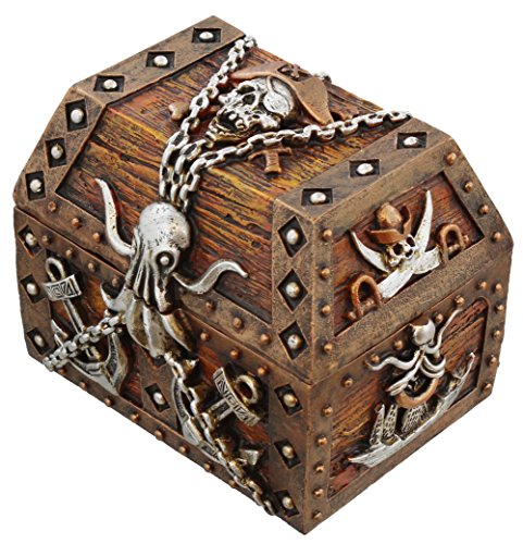 Old River Outdoors Pirate Chest Octopus/Skull & Crossbones Trinket Storage Mini Jewelry Box with Anchor, Chain, Sword and Ship Accents