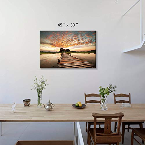 Hardy Gallery Lake Bridge Canvas Picture Artwork: Wooden Bridge Painting Sunset Landscape Wall Art Print for Living Room (45” x 30” x 1 Panel)