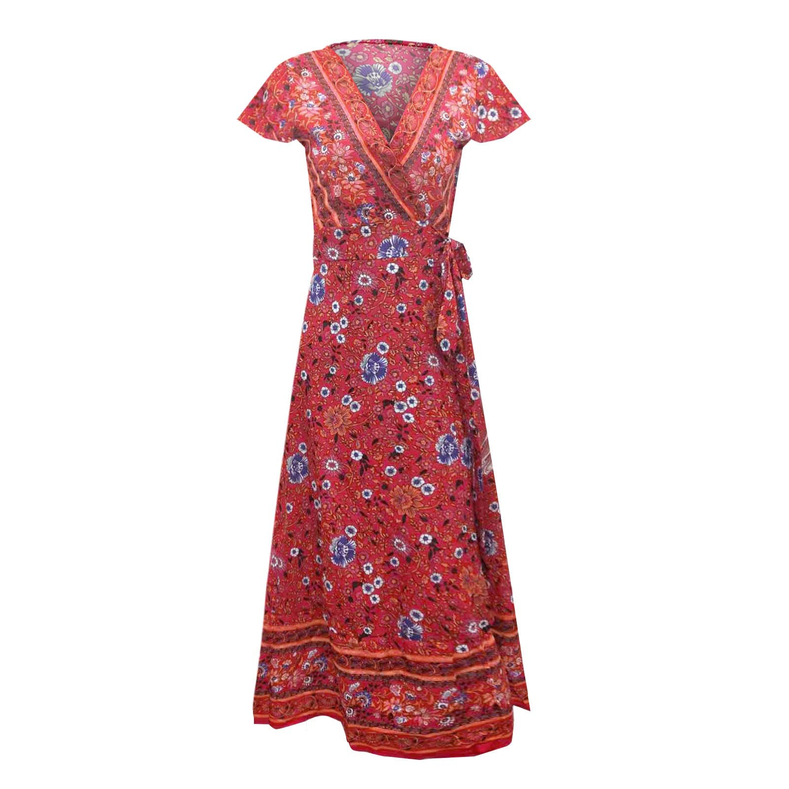 Casual Dresses for Women Midi Length Ladies Summer Casual V Neck Floral Print High Waist Belt Short Sleeve Hem Slit Wrap