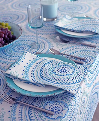 Newbridge Blue Circle Stitch Contemporary Boho Chic Print Indoor/Outdoor Soil Resistant Fabric Tablecloth, 60” X 84” Oval, Blue