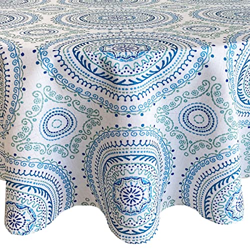 Newbridge Blue Circle Stitch Contemporary Boho Chic Print Indoor/Outdoor Soil Resistant Fabric Tablecloth, 60” X 84” Oval, Blue
