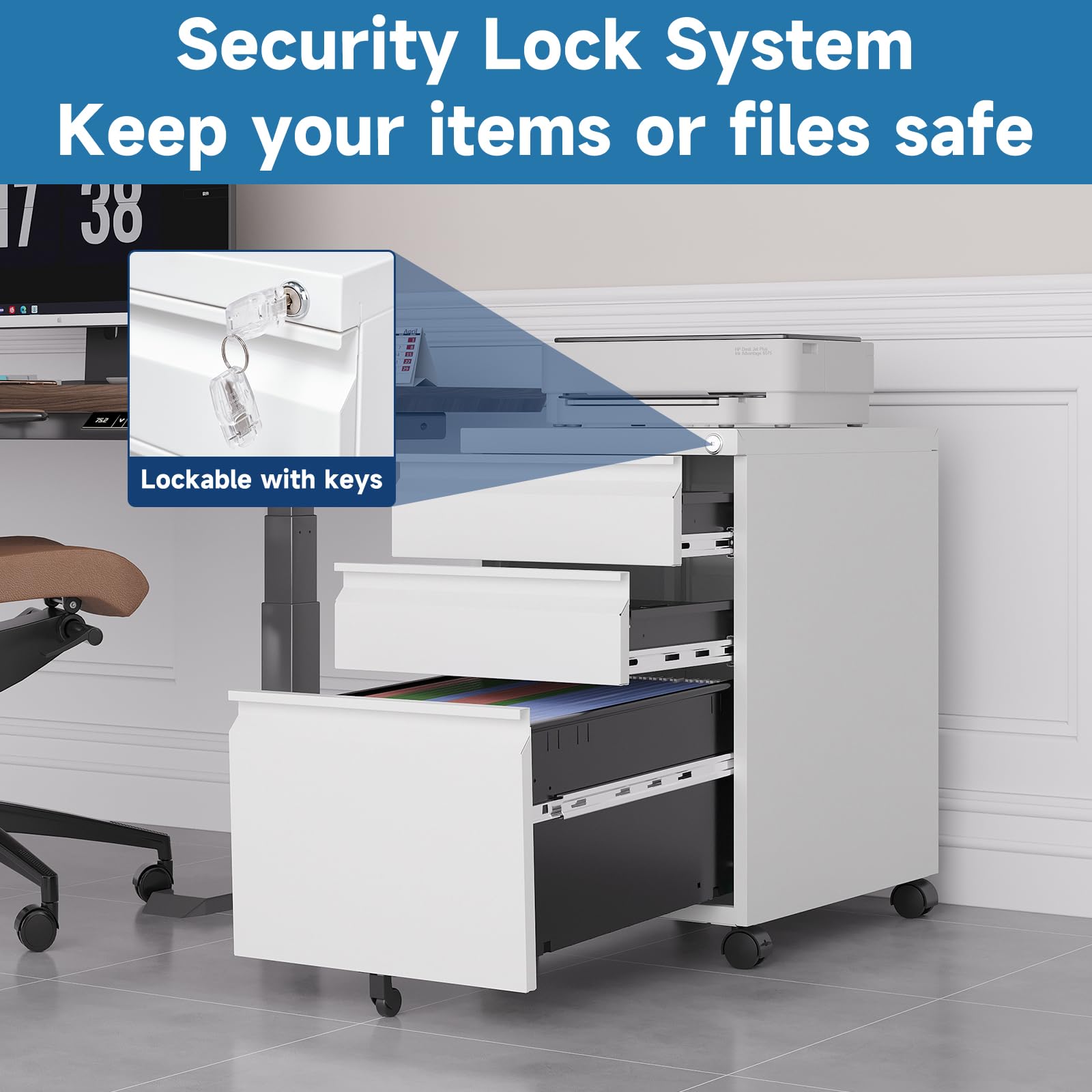 AFAIF 3 Drawer Mobile File Cabinet with Lock, Rolling File Cabinet for Home Office, Under Desk Small File Cabinet, Metal Vertical White Filing Cabinet for Legal/Letter/A4 File, White