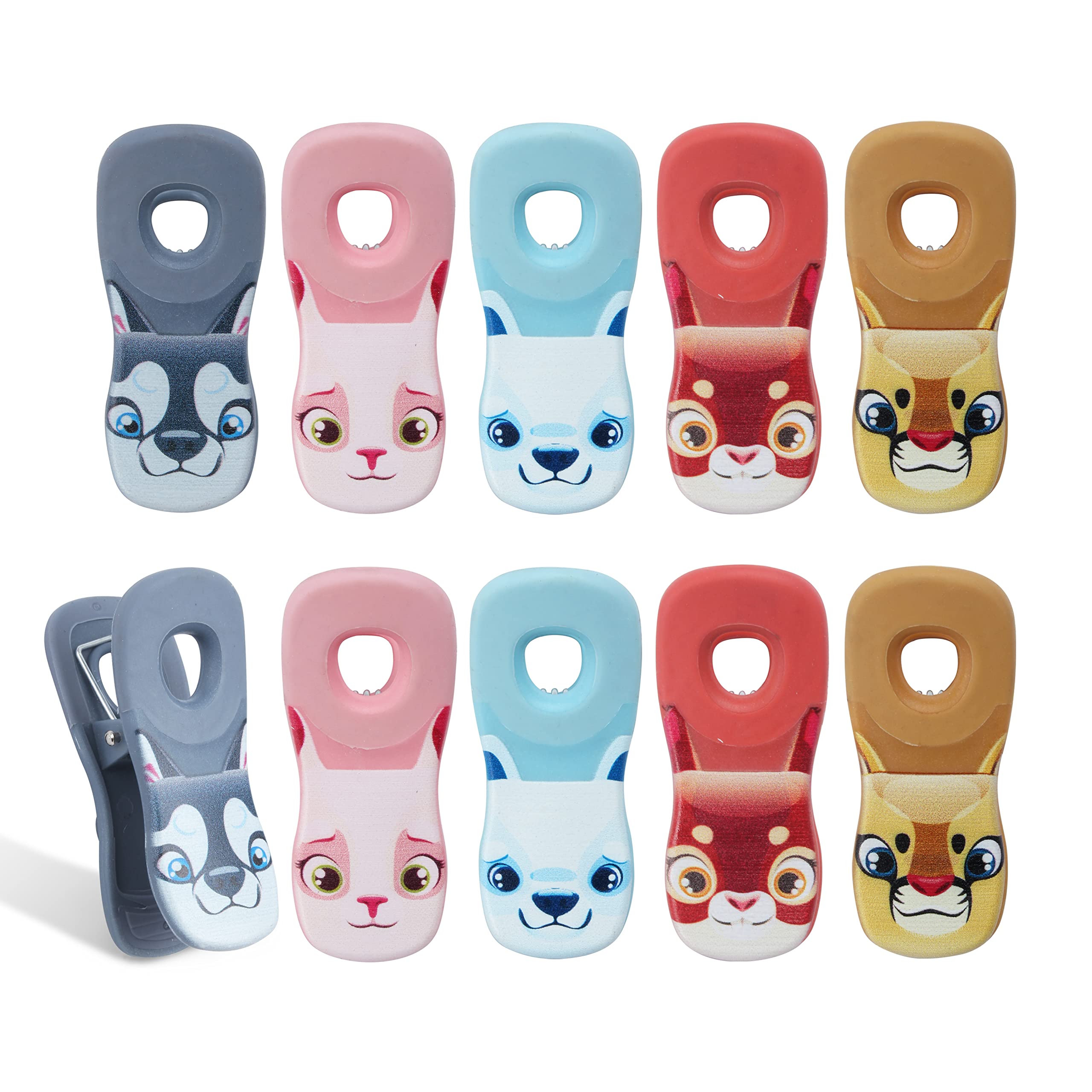 COOK WITH COLOR Cute Magnetic Bag Clips - 10 Pc. Set of Chip Clips and Snack Clips with Printed Designs- Kitchen and Food Bag Clips for Airtight Seal for Food Storage (Animal Pals)