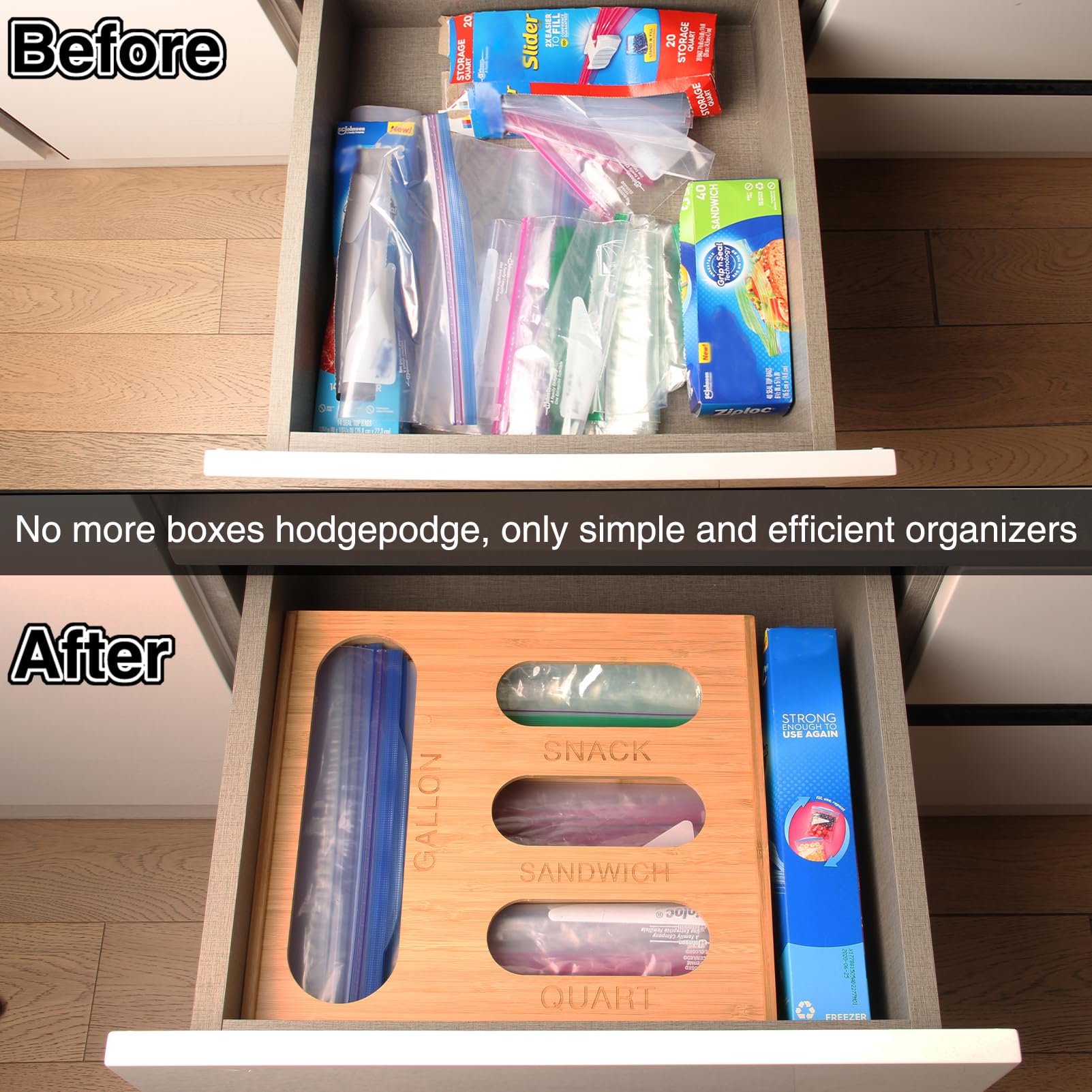 LOPASA Ziplock Bag Organizer for Drawer, Food Storage Bag Organizer Sandwich Bag Organizer for Kitchen, Plastic Lunch Bag Holder, Bamboo Baggie Container(1 Box 4 Slots)