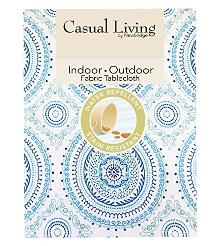 Newbridge Blue Circle Stitch Contemporary Boho Chic Print Indoor/Outdoor Soil Resistant Fabric Tablecloth, 60” X 84” Oval, Blue