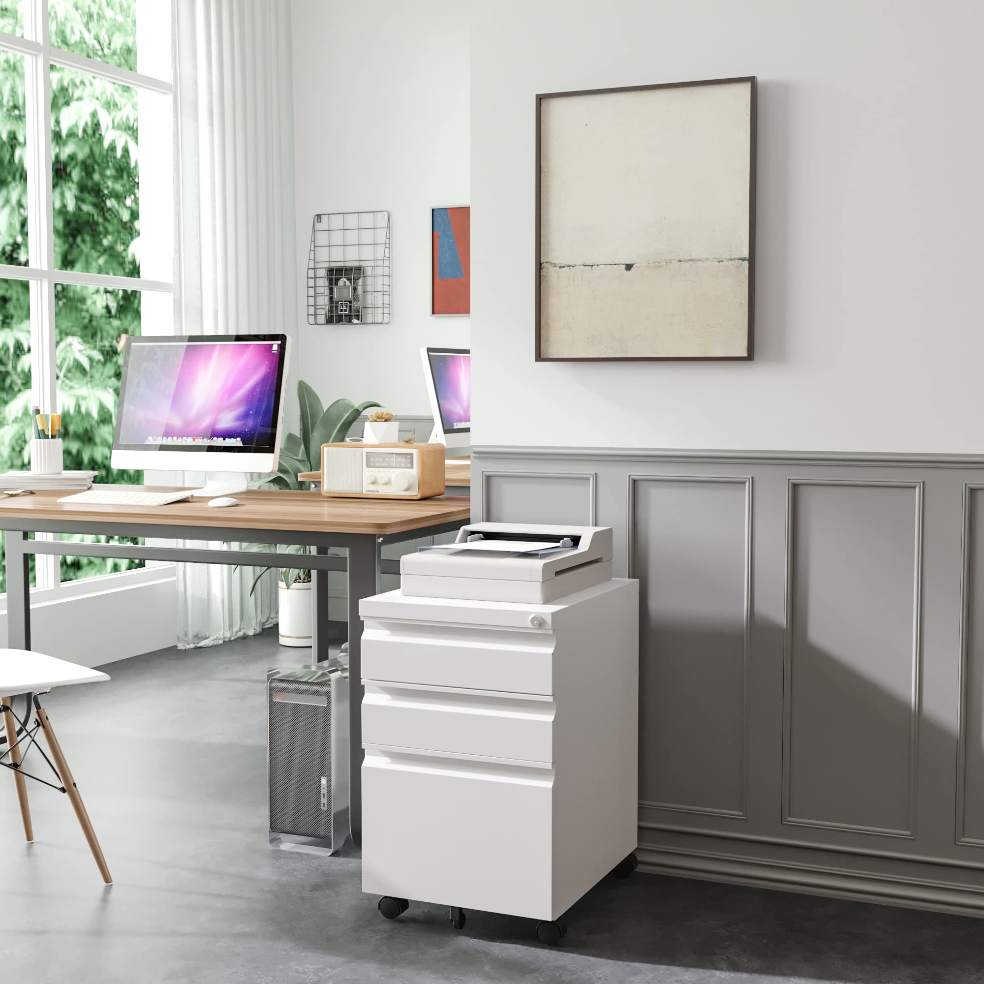 AFAIF 3 Drawer Mobile File Cabinet with Lock, Rolling File Cabinet for Home Office, Under Desk Small File Cabinet, Metal Vertical White Filing Cabinet for Legal/Letter/A4 File, White