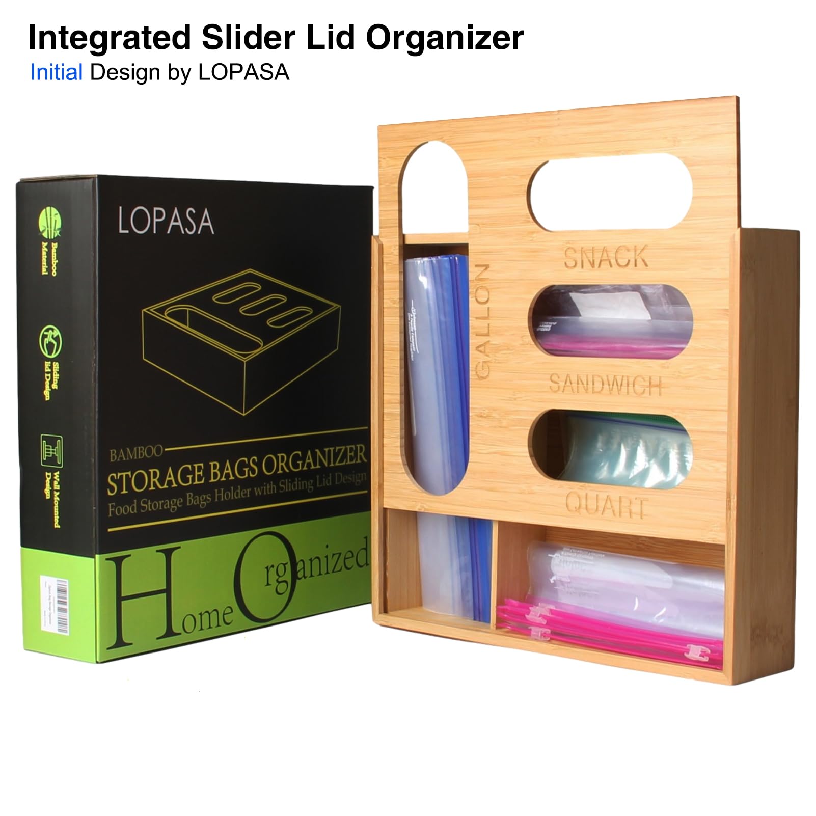LOPASA Ziplock Bag Organizer for Drawer, Food Storage Bag Organizer Sandwich Bag Organizer for Kitchen, Plastic Lunch Bag Holder, Bamboo Baggie Container(1 Box 4 Slots)