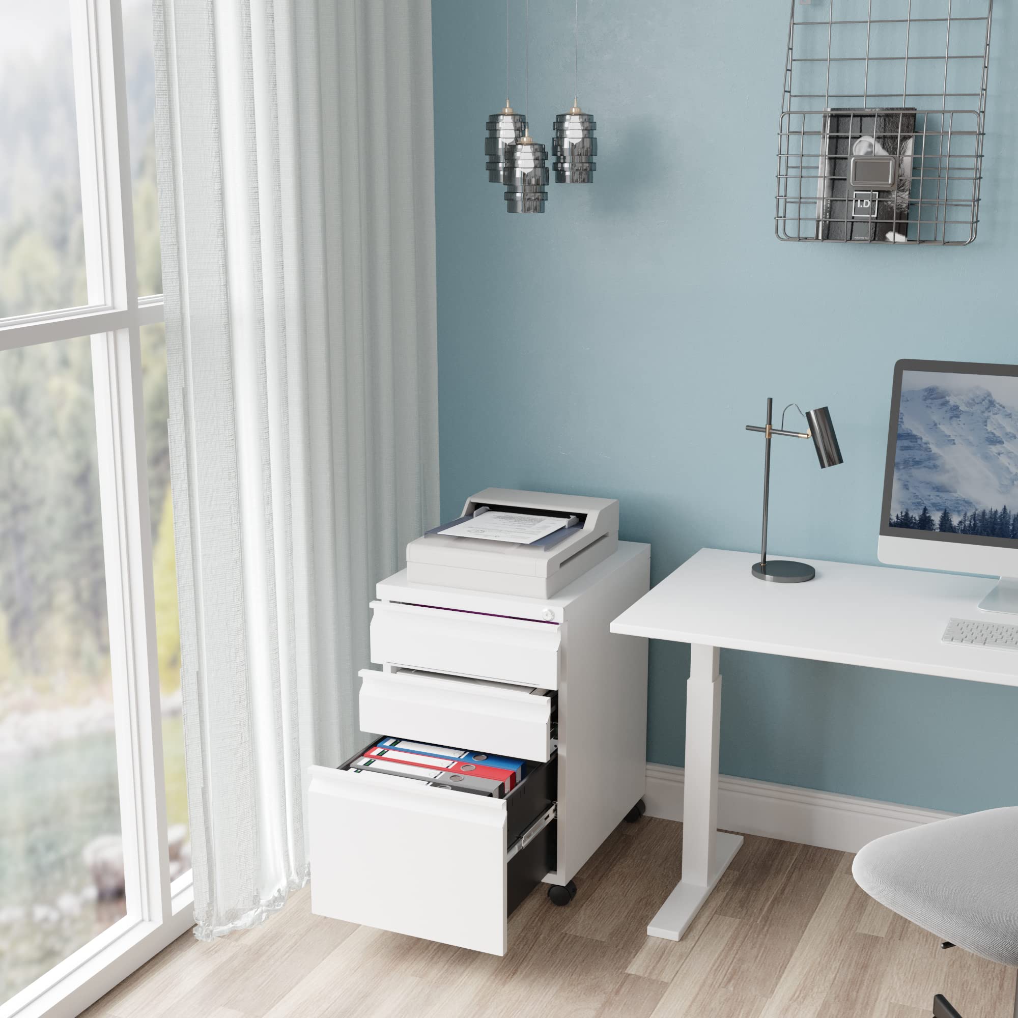 AFAIF 3 Drawer Mobile File Cabinet with Lock, Rolling File Cabinet for Home Office, Under Desk Small File Cabinet, Metal Vertical White Filing Cabinet for Legal/Letter/A4 File, White