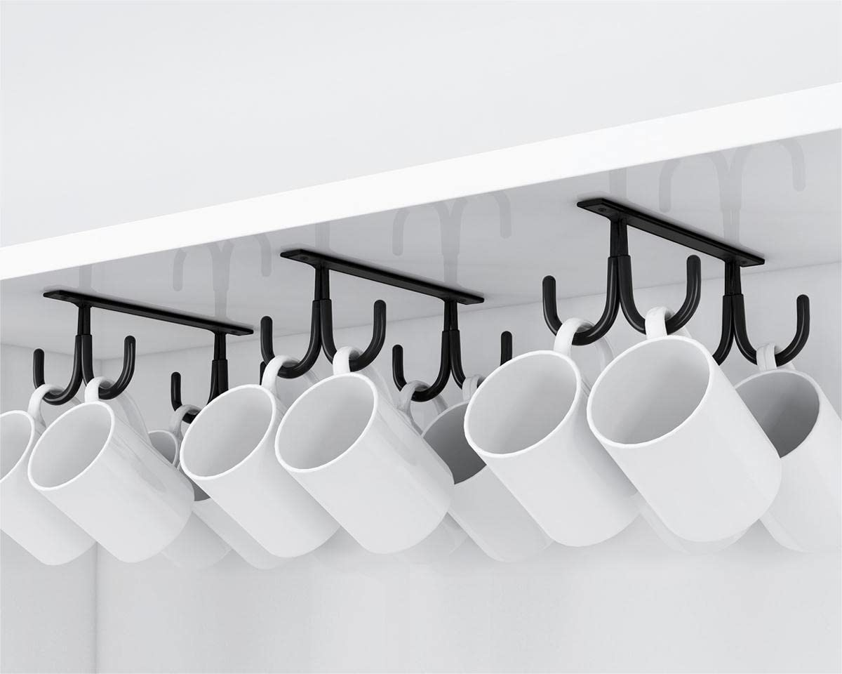 Dorhors Under Cabinet Coffee Mug Holder, Coffee Cup Holder for Kitchen,Set of 3 Mug Hooks with Rubber Protective Layer,Under Cabinet Mug Rack for Kitchen,Coffee Bar,Black