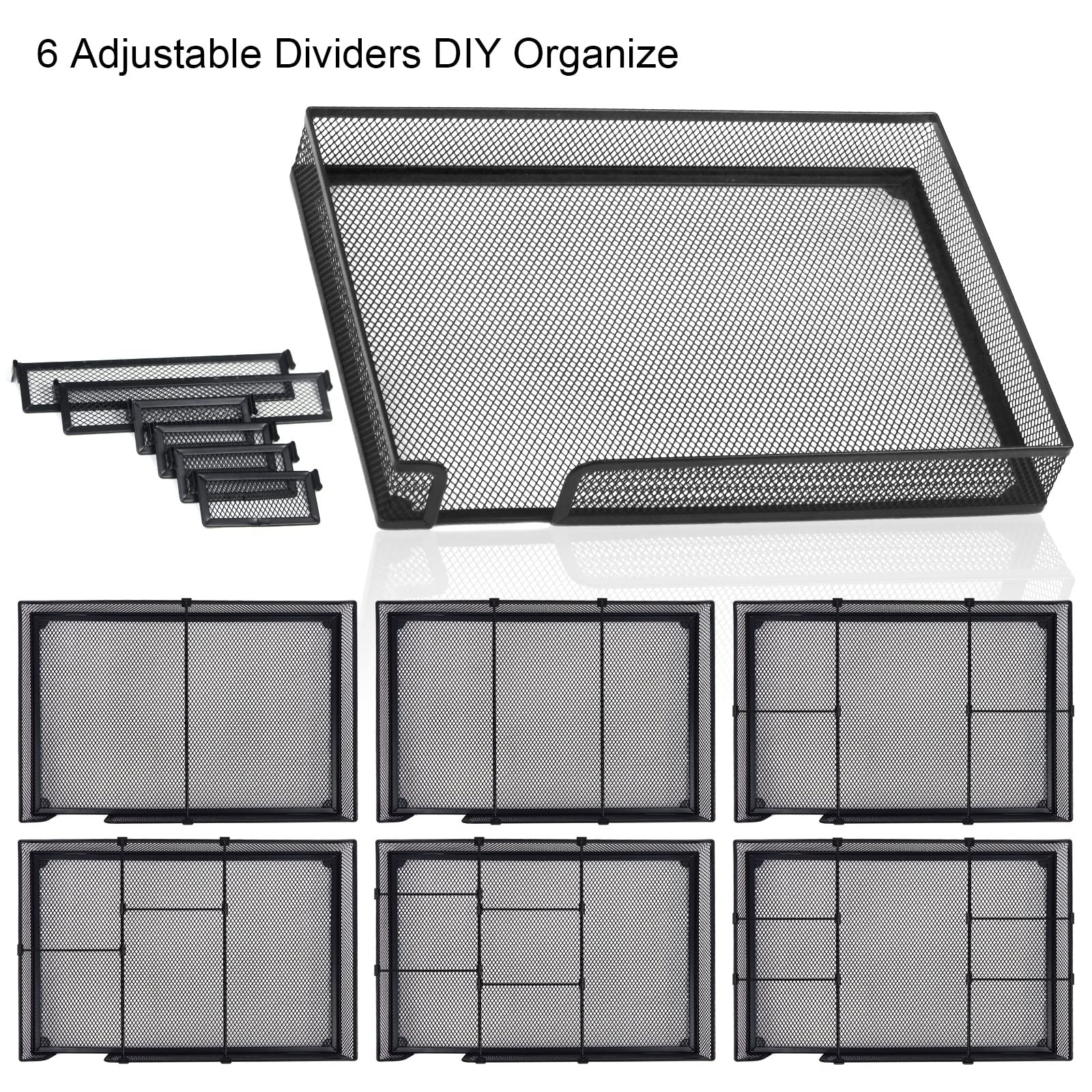 ROSROSE 2 Pack Desk Organizer Trays - Small & Large Office Drawer Organizers w/6 Adjustable Compartments, Metal Mesh Storage Set for Office Supplies & Home