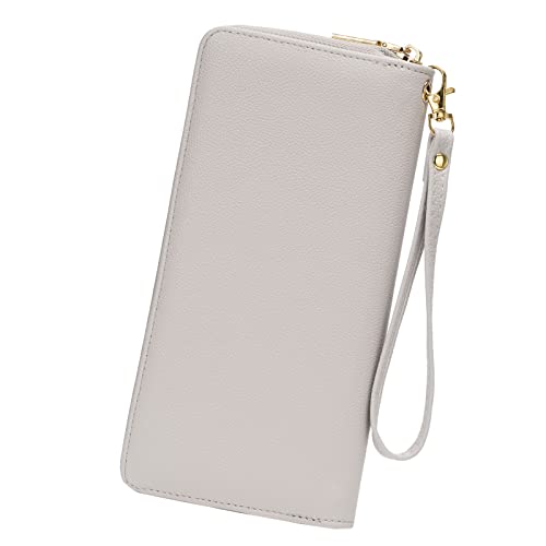 WOZEAH Women's RFID Blocking PU Leather Zip Around Wallet Clutch Large Travel Purse (A creamy white)