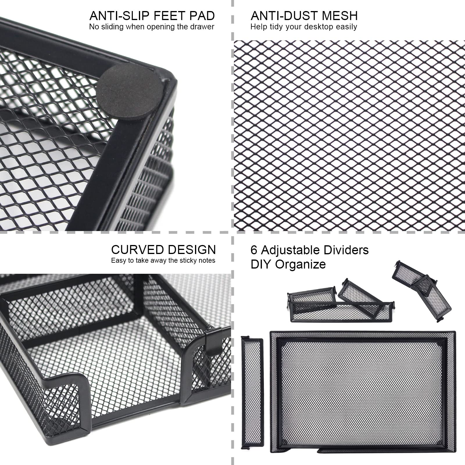 ROSROSE 2 Pack Desk Organizer Trays - Small & Large Office Drawer Organizers w/6 Adjustable Compartments, Metal Mesh Storage Set for Office Supplies & Home