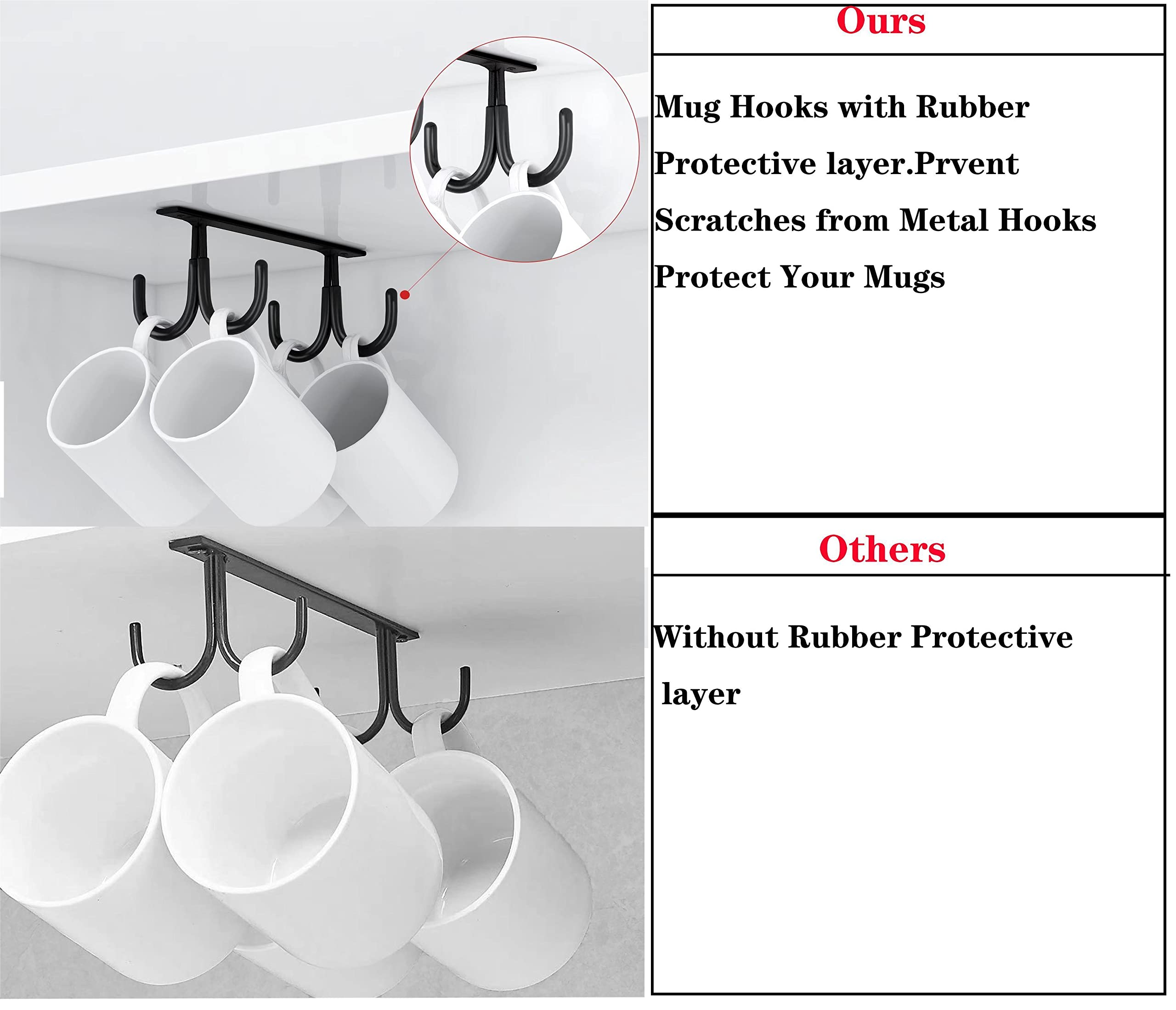 Dorhors Under Cabinet Coffee Mug Holder, Coffee Cup Holder for Kitchen,Set of 3 Mug Hooks with Rubber Protective Layer,Under Cabinet Mug Rack for Kitchen,Coffee Bar,Black