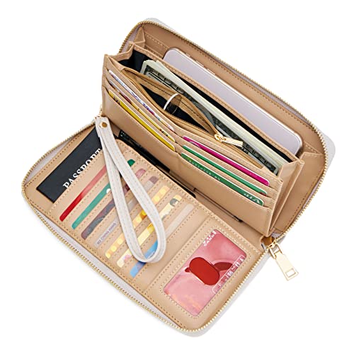 WOZEAH Women's RFID Blocking PU Leather Zip Around Wallet Clutch Large Travel Purse (A creamy white)