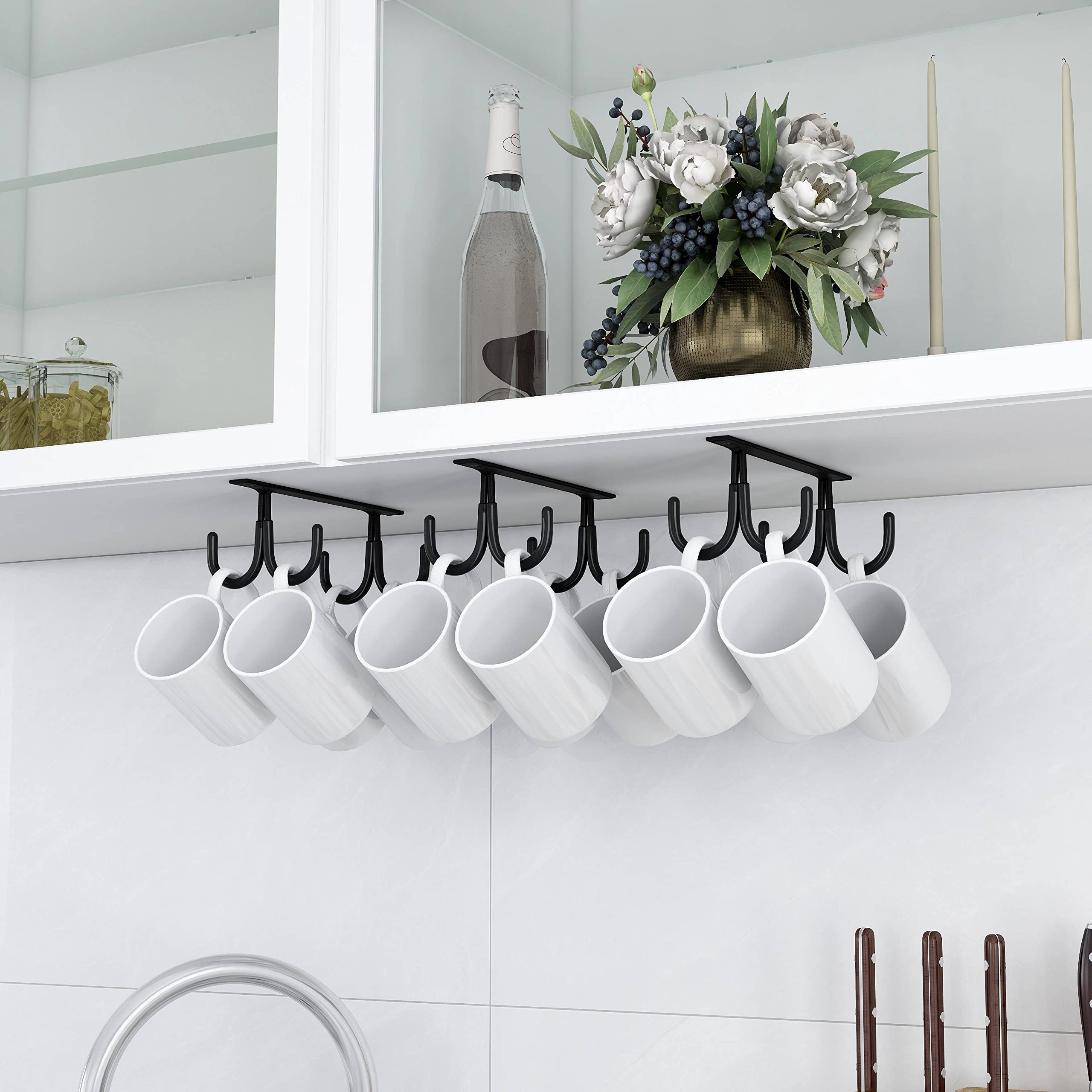 Dorhors Under Cabinet Coffee Mug Holder, Coffee Cup Holder for Kitchen,Set of 3 Mug Hooks with Rubber Protective Layer,Under Cabinet Mug Rack for Kitchen,Coffee Bar,Black