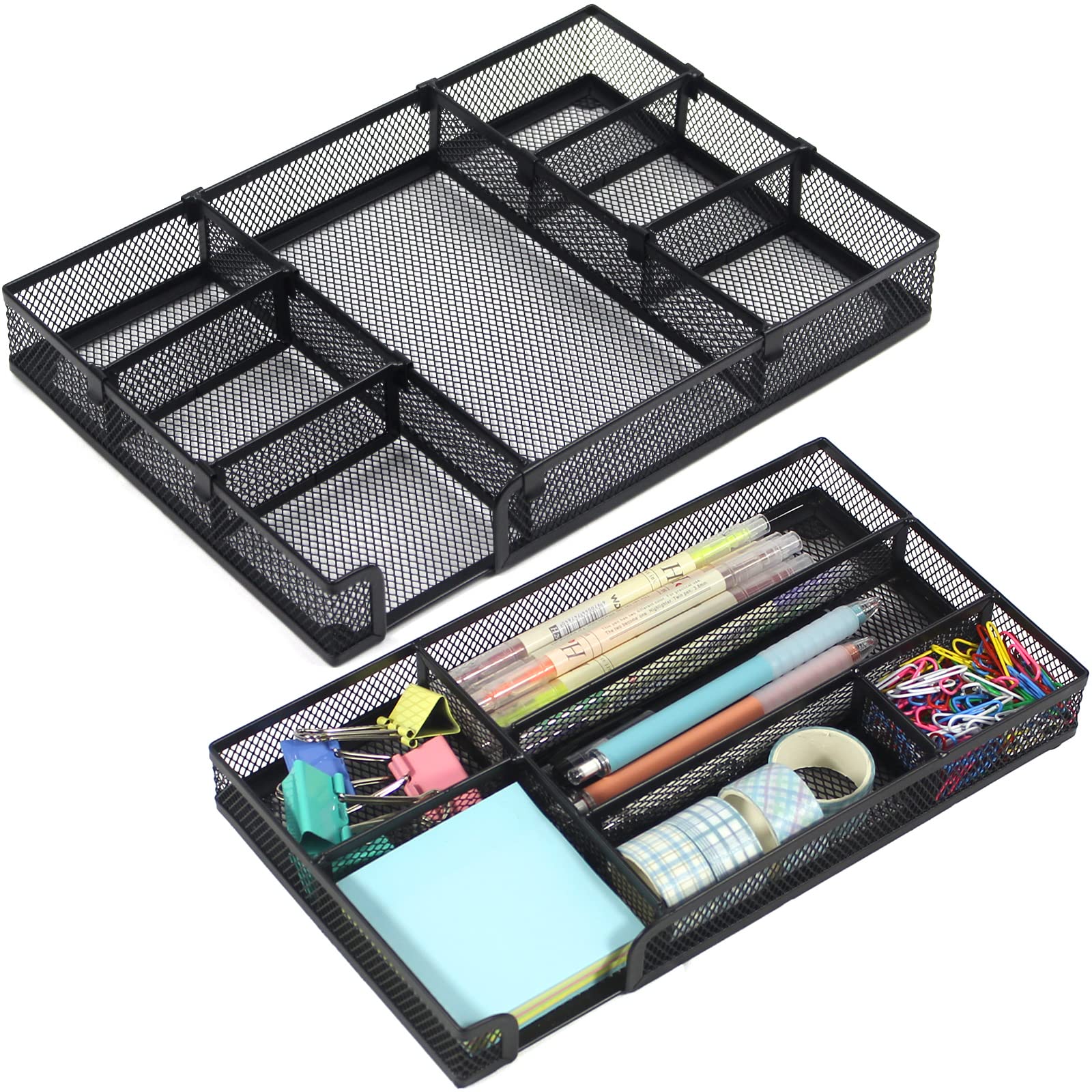 ROSROSE 2 Pack Desk Organizer Trays - Small & Large Office Drawer Organizers w/6 Adjustable Compartments, Metal Mesh Storage Set for Office Supplies & Home