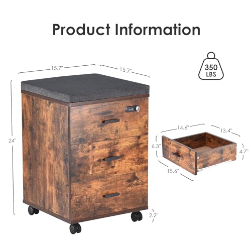 Soohow 3 Mobile Smart Lock Small Rolling Desk Unit Storage Drawers Black Filing Cabinet for Home Office Business, Brown