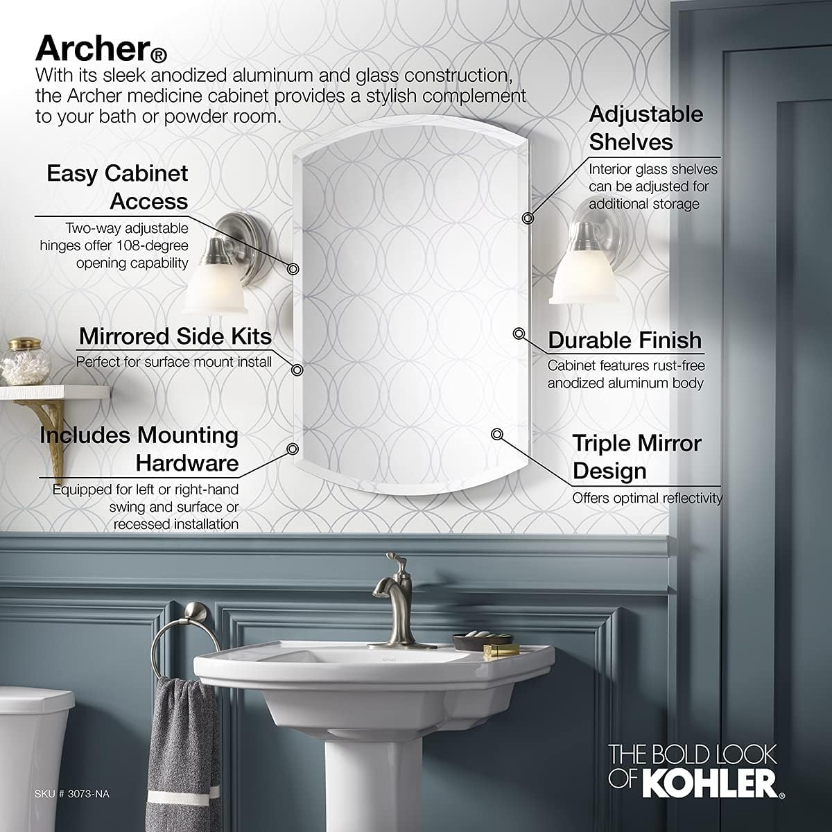 Archer® 20" W x 31" H Aluminum Single-Door Medicine cabinet, Beveled edges