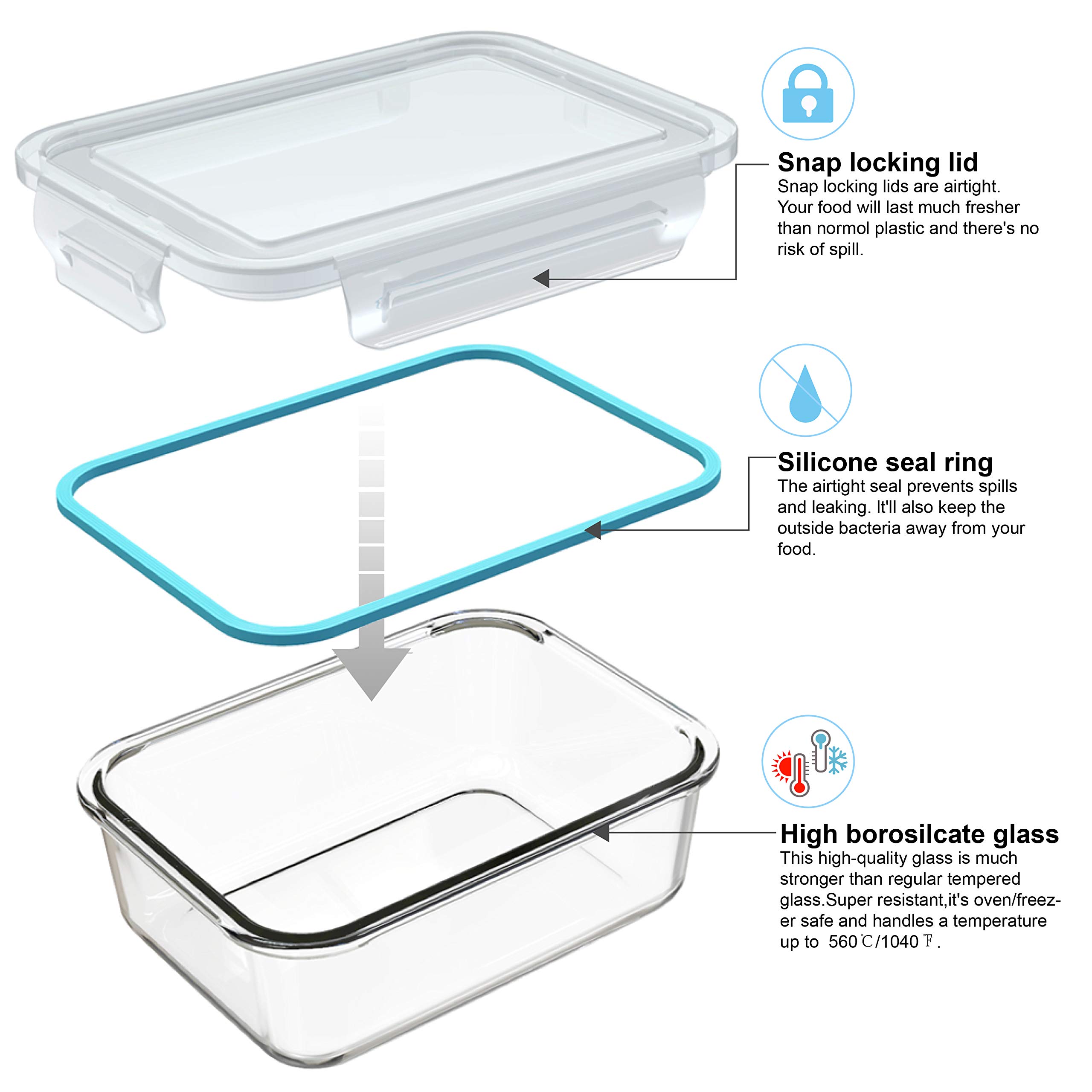 AILTEC Glass Food Storage Containers with Lids, [18 Piece] Glass Meal Prep Containers, Glass Containers for Food Storage with Lids, BPA Free & Leak Proof (9 Lids & 9 Containers)