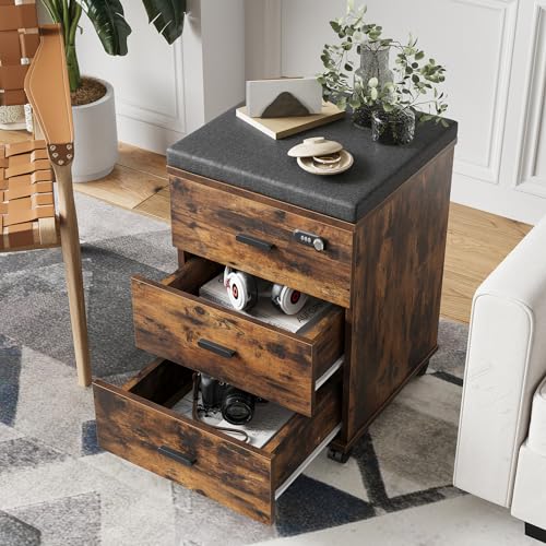 Soohow 3 Mobile Smart Lock Small Rolling Desk Unit Storage Drawers Black Filing Cabinet for Home Office Business, Brown