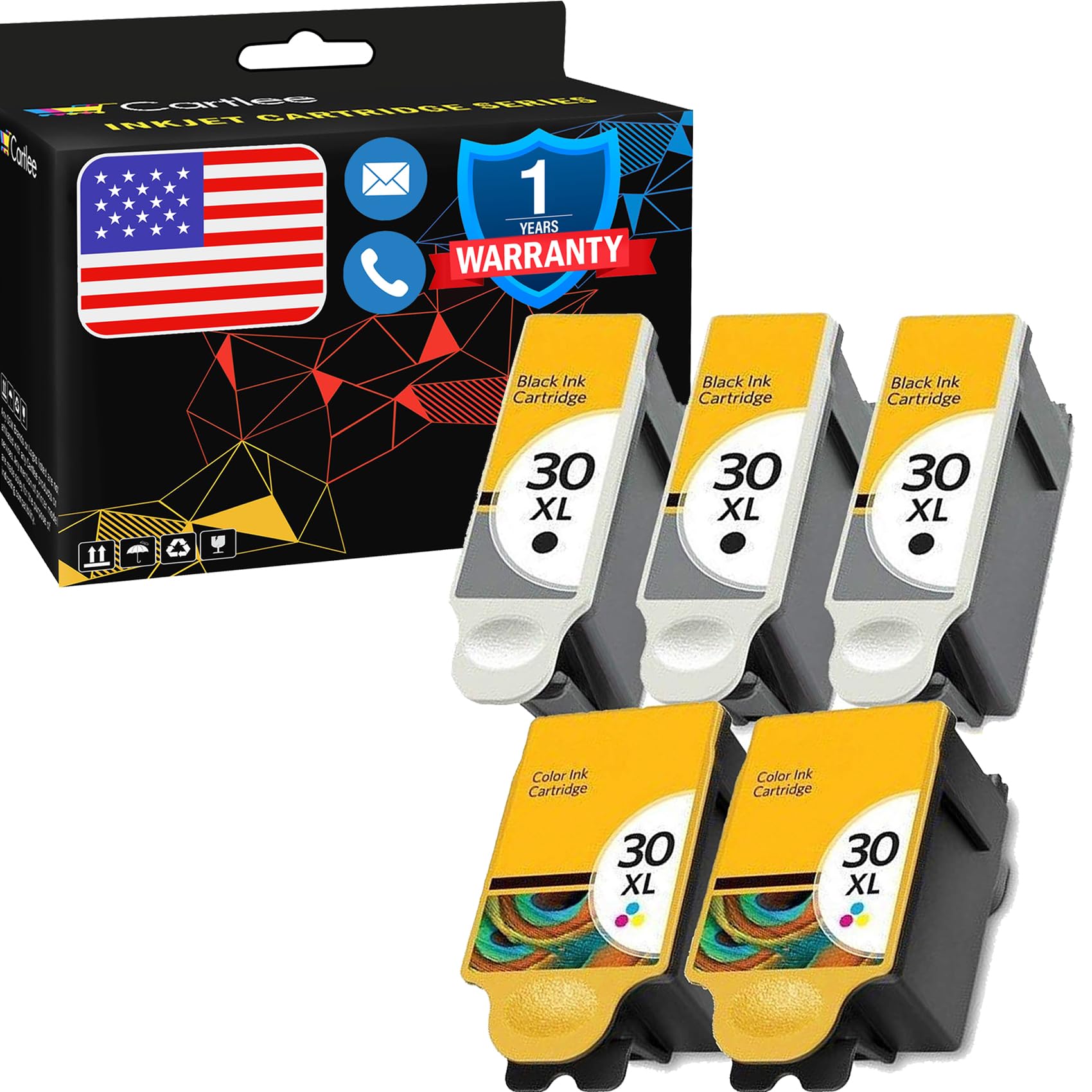 Cartlee Set of 5 Compatible 30xl High Yield Ink Cartridges for Kodak Hero 3.1 Hero 5.1 ESP 3.2 ESP C110 ESP C310 ESP Office 2150, ESP C315, ESP Office 2170