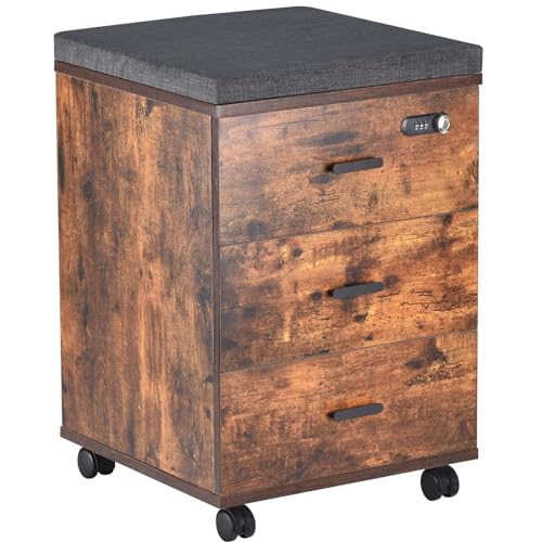 Soohow 3 Mobile Smart Lock Small Rolling Desk Unit Storage Drawers Black Filing Cabinet for Home Office Business, Brown