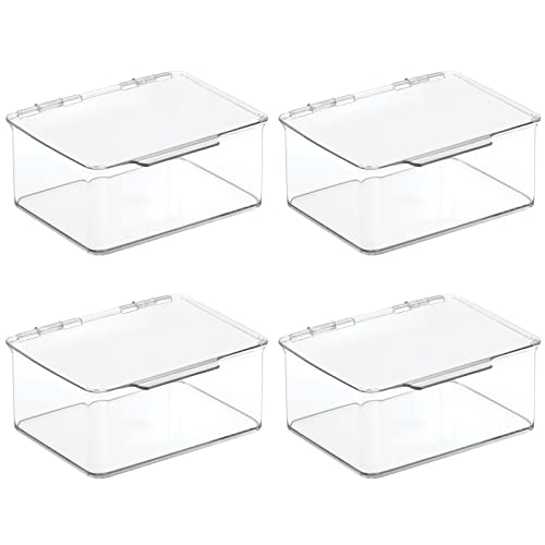 mDesign Plastic Playroom and Gaming Storage Organizer Box Containers with Hinged Lid for Shelves or Cubbies, Holds Small Toys, Building Blocks, Puzzles, Markers, Controllers, or Crayons, 4 Pack, Clear
