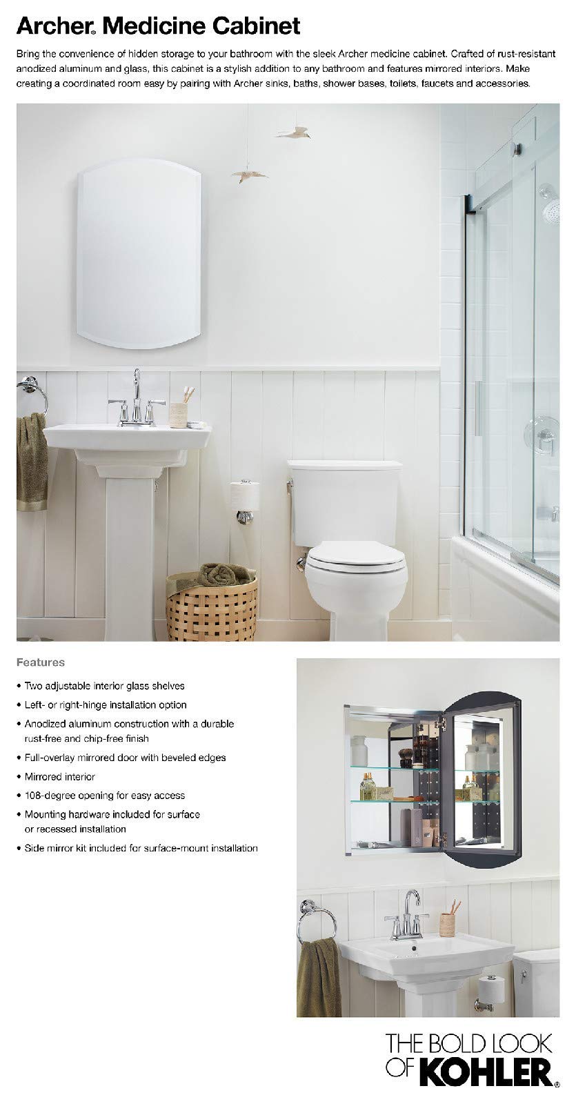 Archer® 20" W x 31" H Aluminum Single-Door Medicine cabinet, Beveled edges
