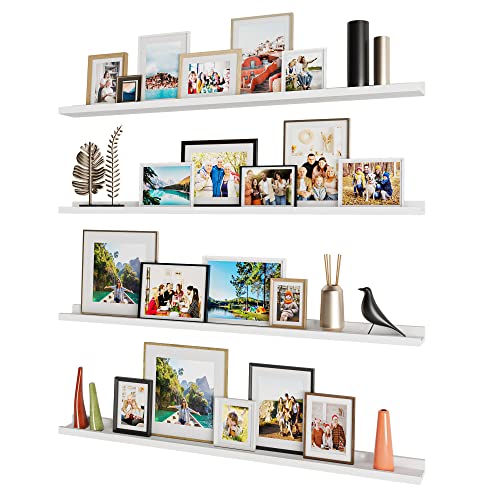 Wallniture Denver 46" White Floating Shelves for Wall Decor, Wall Bookshelves for Living Room, Photo Ledge for Bedroom, Rustic Wall Shelves, Floating Wall Bookshelf, Wood Picture Ledge Shelf Set of 4