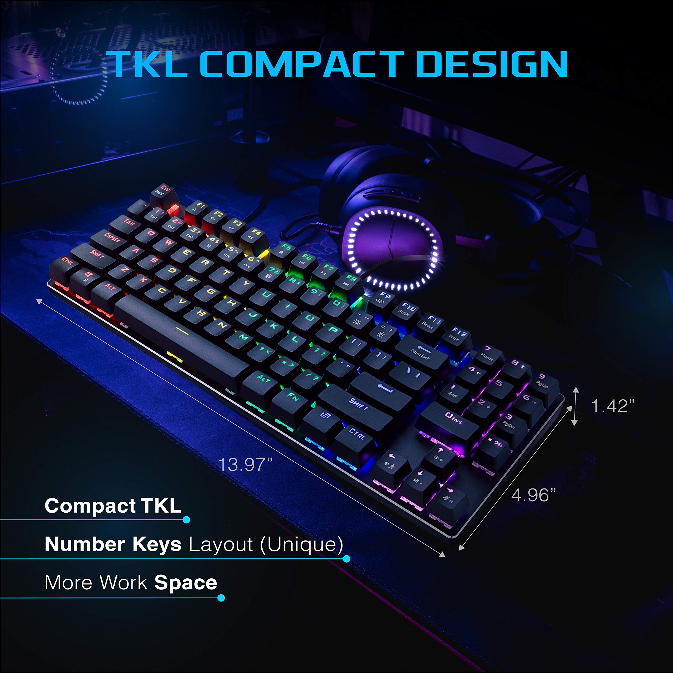 SHAVA TKL Mechanical Gaming Keyboard, Special 89 Keys Layout Keyboard with Numeric Keys, 100% Anti-Ghosting, RGB LED Rainbow Backlit, Tenkeyless Keyboard for Windows PC/Mac Games (Blue Switch)