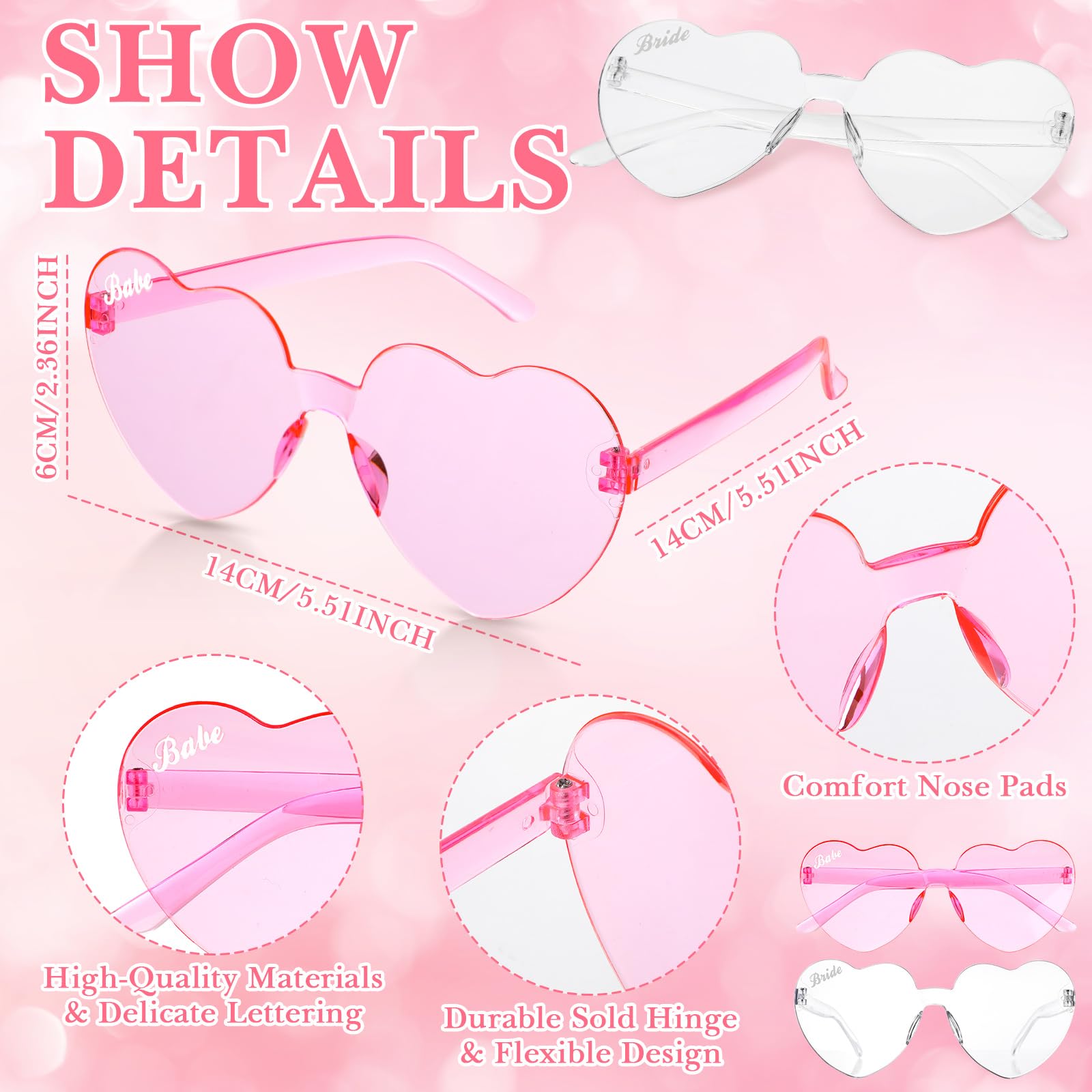Kanayu 12 Sets Bachelorette Party Decorations Bachelorette Sunglasses Satin Bridesmaid Scrunchies Wristbands for Bridesmaids (Pink, White)
