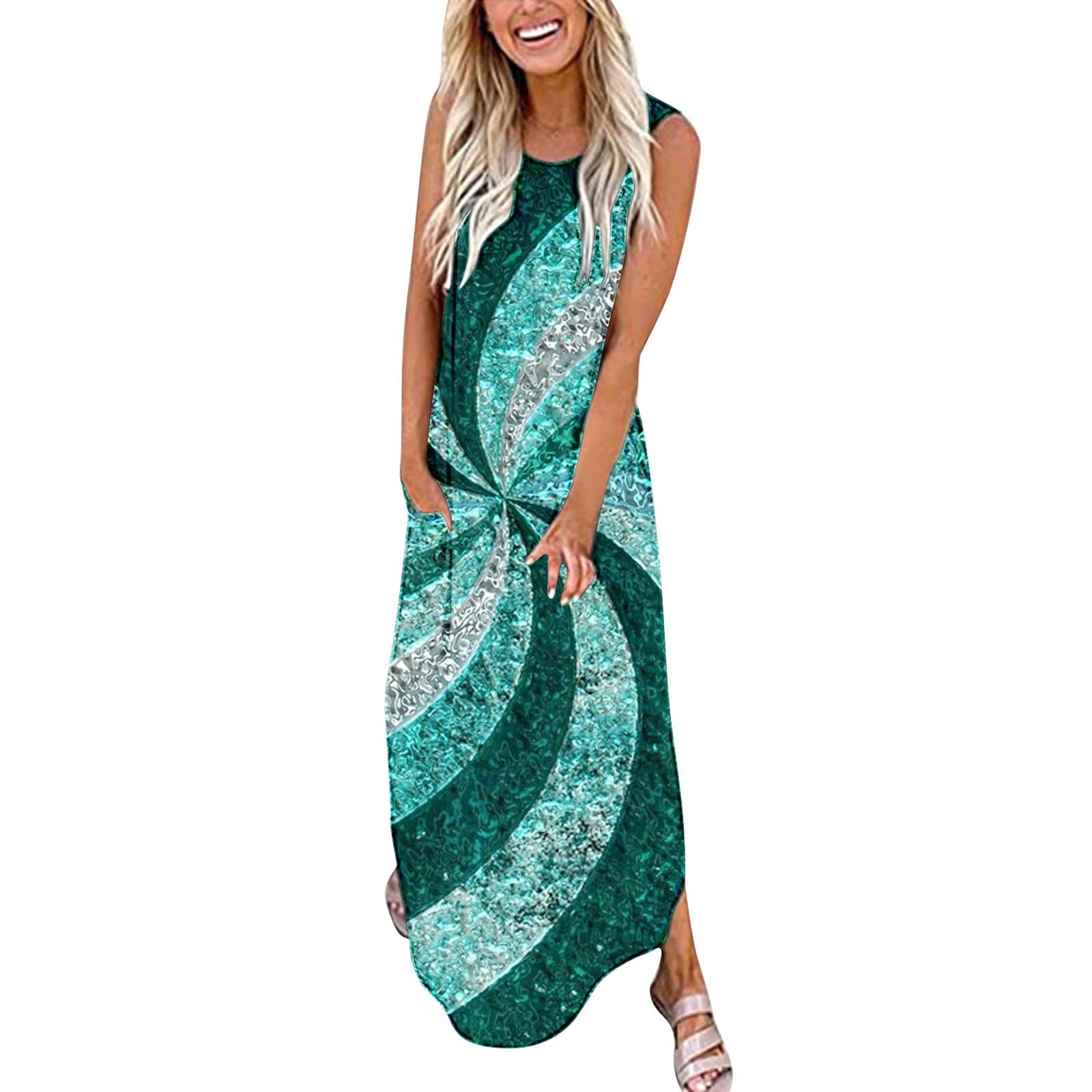 Maxi Dresses for Women 2023 Women Casual Printing Loose Sundress Long Dress Crisscross Sleeveless Split Maxi Dress Mint Green