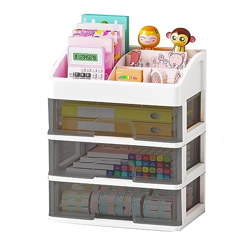 4 Tire Desk Drawer Organizer,3 Drawer Desktop Plastic Storage Drawers,Clear Desk Organizer with Sliding Drawer,Desktop Organization for Office School Home, Makeup Supplies,Transparent Gray