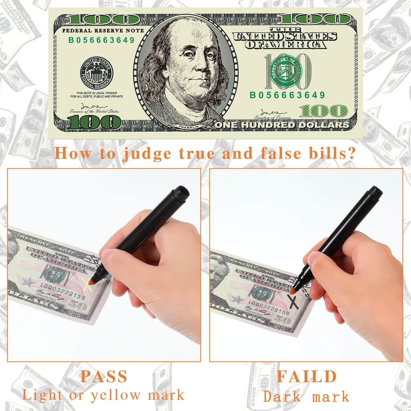 Counterfeit Bill Detector Pen Fake Bill Checker Money Tester Pen Universal Detect False Currency Pen Bills Counterfeit Detector (4 Pieces)