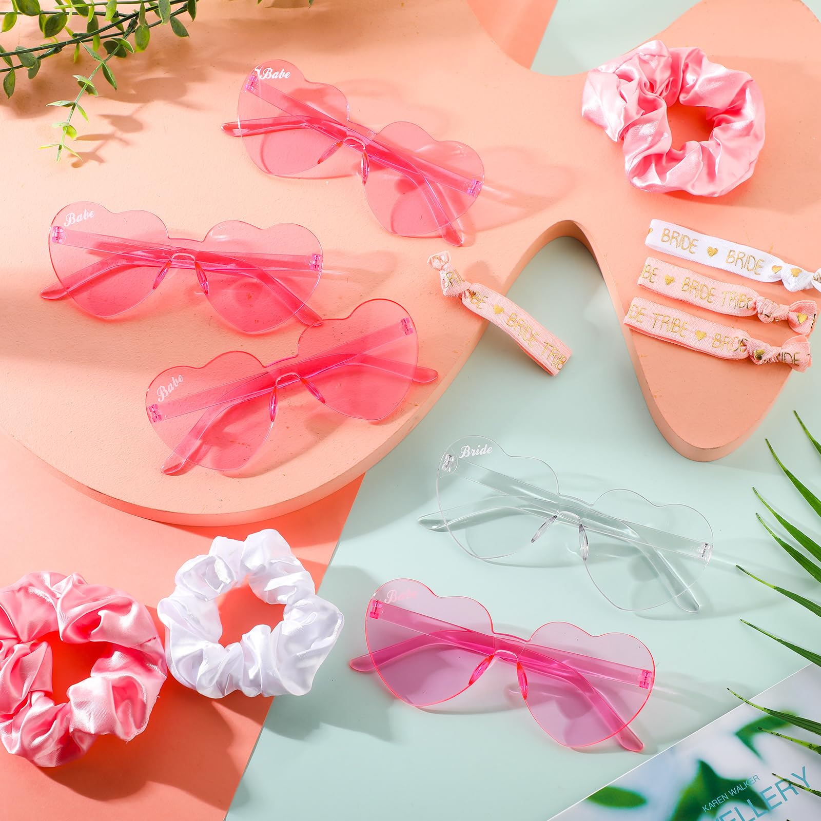 Kanayu 12 Sets Bachelorette Party Decorations Bachelorette Sunglasses Satin Bridesmaid Scrunchies Wristbands for Bridesmaids (Pink, White)