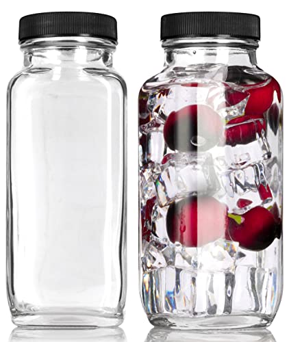 JUVITUS 8 oz Clear Thick Plated Glass French Square Bottle Jar with Lid (2 Pack) Perfect for Home, Travel, Juicing, Kombucha