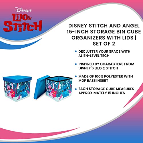 Disney Lilo & Stitch Characters Stitch and Angel 15-Inch Storage Bin Cube Organizers with Lids, Set of 2 | Fabric Basket Container, Cubby Cube Closet Organizer | Toys, Gifts And Collectibles