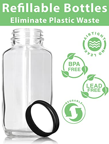 JUVITUS 8 oz Clear Thick Plated Glass French Square Bottle Jar with Lid (2 Pack) Perfect for Home, Travel, Juicing, Kombucha