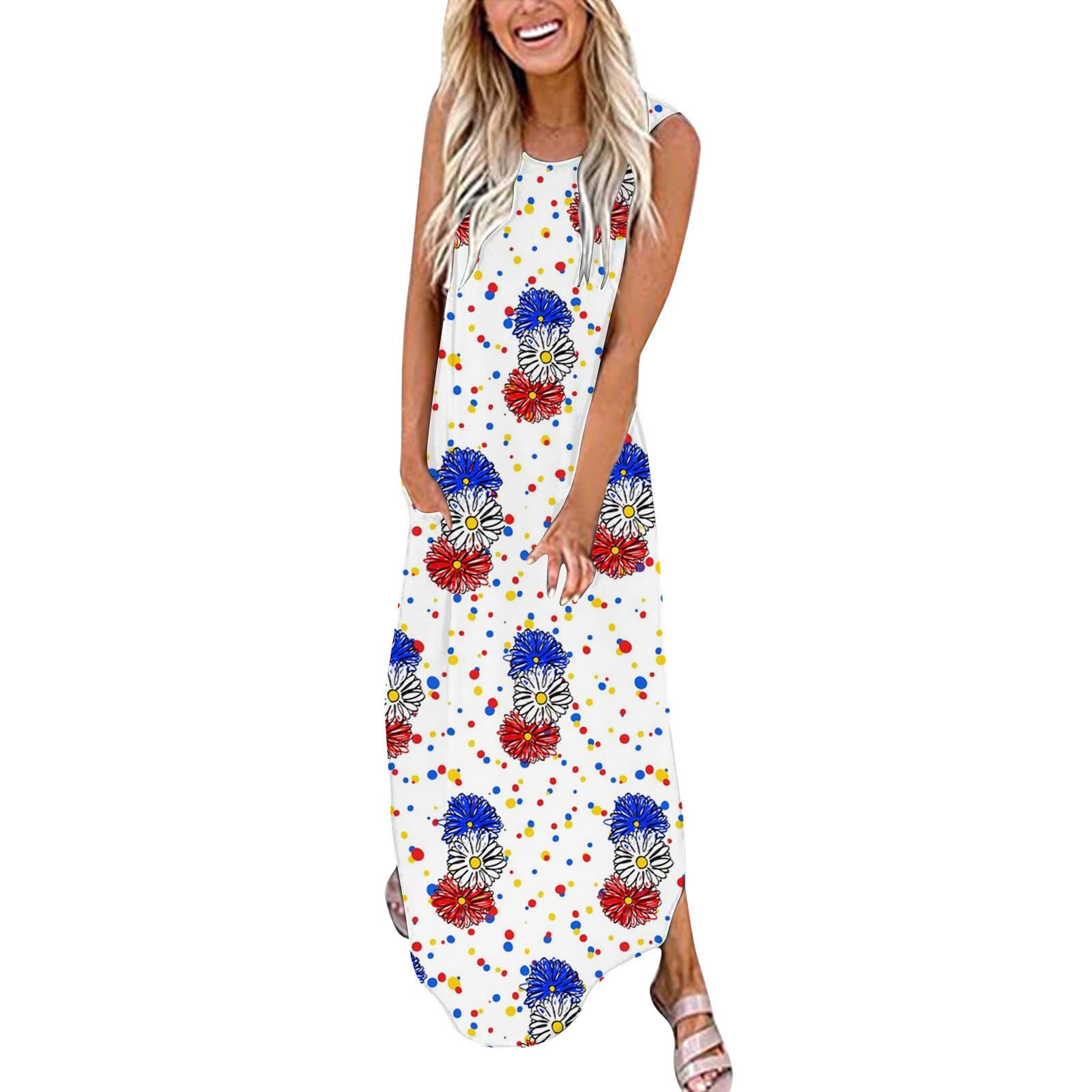 Dresses for Women Plus Size Women Casual Printing Loose Sundress Long Dress Crisscross Sleeveless Split Maxi Dress White