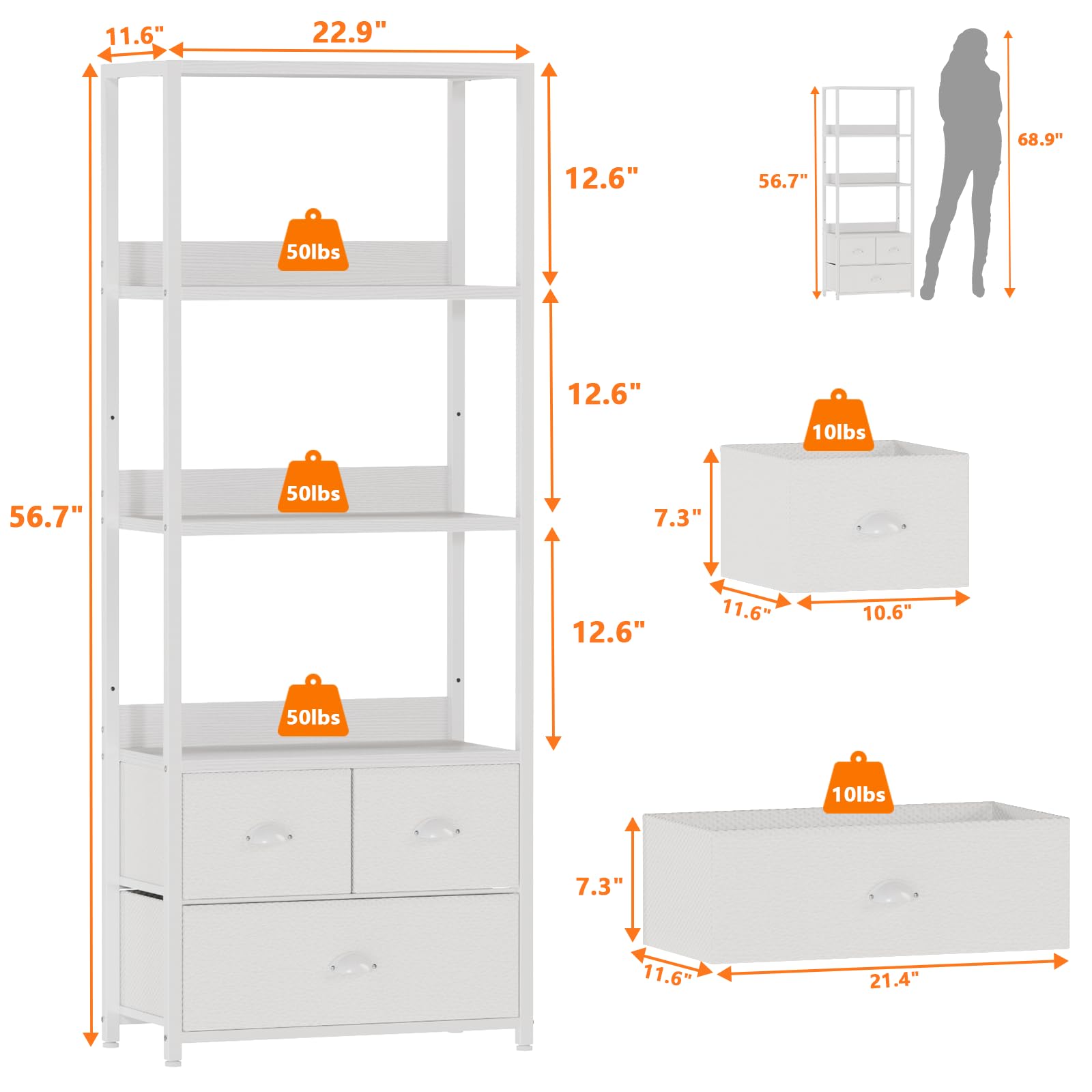 Furnulem White Bookshelf 4 Tier Wood Bookcase with 3 Fabric Drawers, 59" Tall Display Standing Shelf Unit for Living Room,Bedroom,Office,Kitchen,Balcony(White)