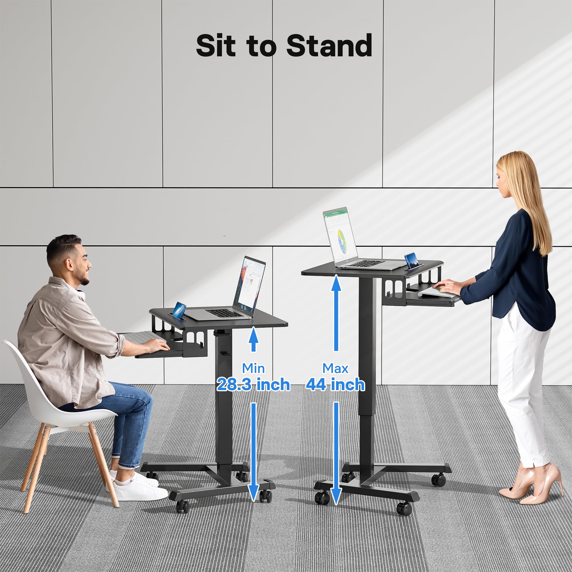 BONTEC Mobile Standing Desk with Keyboard Tray, Mobile Podium, Computer Workstation Up to 33Lbs, Laptop Sit or Stand Desk on Wheels, Height Adjustable Stand Up Table for Living Room, Bedroom, Office