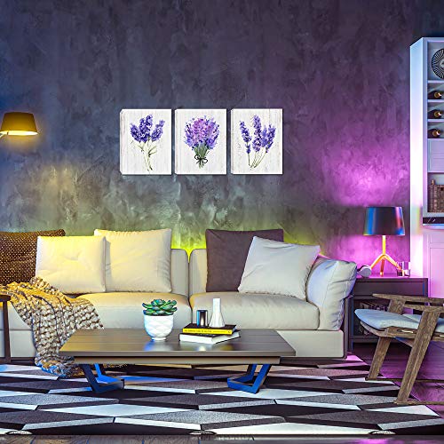 gold mi Flowers Home Decorations Purple Lavender Flower Artwork for Living Room Office Bathroom Wall Decor Floral Grey Wood Grain Rustic Posters and Prints Frame to Hang 12*16inch