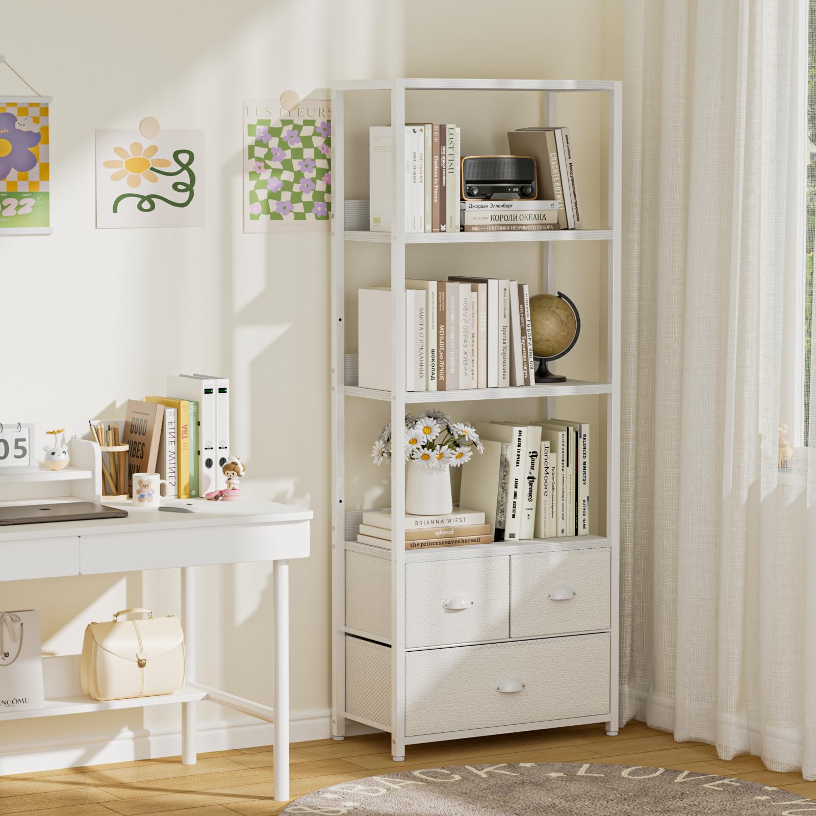 Furnulem White Bookshelf 4 Tier Wood Bookcase with 3 Fabric Drawers, 59" Tall Display Standing Shelf Unit for Living Room,Bedroom,Office,Kitchen,Balcony(White)